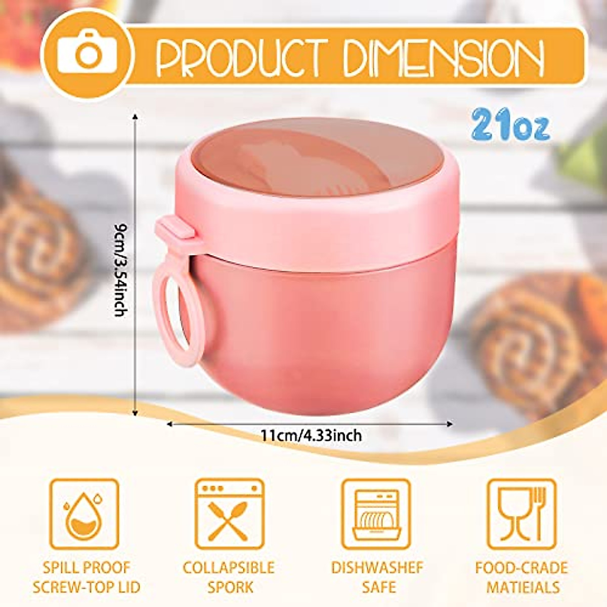 Sunnyray Overnight Oats Container with Lids and Spoons 21 oz Plastic Portable Leak Proof Large Capacity Dessert Cups Cereal Yogurt Container for School student Breakfast (Pink)