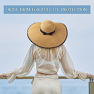 Womens Sun Hat UV Protection Wide Brim Beach Hat Floppy Foldable Roll-Up Straw Hats for Women UPF 50, E Khaki&Black