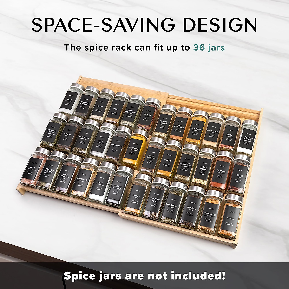 Bamboo Spice Drawer Organizer - Expandable 4 Tier Spice Rack (Need 3" Deep Drawer) 12" to 23" Wide, Seasoning Organizer, Organization Seasoning Rack insert for Kitchen Cabinet (Jars Not Included)