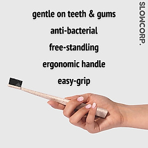 SLOWCORP. Soft Charcoal Bristle Toothbrush, Free-Standing Base for Kids and Adults, BPA-Free, Natural Teeth Whitening Dental Care, Vegan Certified (Black)