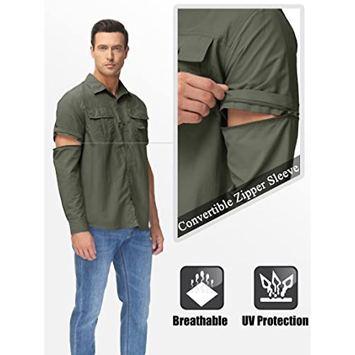 TACVASEN Men's Quick Dry UV Protection Zipper Convertible Long Sleeve Shirt,Green,Large