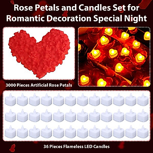 Flasoo Rose Petals and Candles Set for Romantic Decoration, 3000 Pcs Red Rose Petals and 36 Pcs Heart Candle Lights for Special Night, Wedding, Anniversary, Valentine Day for Hotel and Bedroom Decor