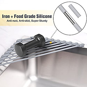Triangle Roll-Up Dish Drying Rack - Small Foldable Silicone Coated for Sink Corner, Stainless Steel Over Sink Organizer, Drainer Caddy and Space Saver for Multipurpose Kitchen Storage (Gray)