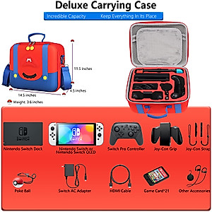Mario Carrying Case for Nintendo Switch - Compatible with Switch OLED, Portable Hard Messenger Bag for Switch Console, Switch Dock, Pro Controller, Joy-Con grip, Poke Ball Plus & Accessories