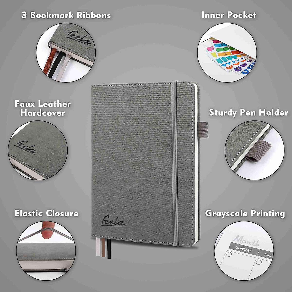Undated Planner, 2024 Monthly & Weekly Academic Planner Kit, Feela A5 Daily Student Notebook, School Supplies with Highlighters, Note Stickers, Fineliner Pens, Lasts 1 Year, Gray