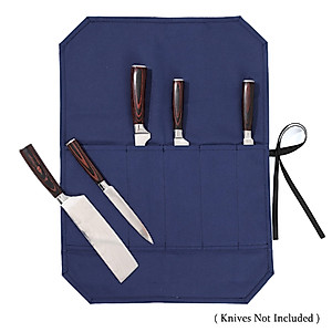 Chef Knife Roll, Heavy Duty 16OZ Waxed Canvas Knife Roll, 5 Slots Knife Bag with Professional Cut Resistant Fabric, Blue (21"L x 15.5"W)