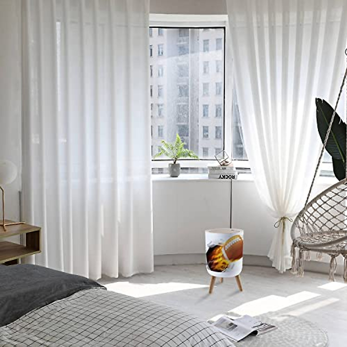 IBPNKFAZ89 Small Trash Can with Lid an of a Burning Flaming American Football Ball on fire Tearing a Hole Garbage Bin Wood Waste Bin Press Cover Round Wastebasket for Bathroom Bedroom Office Kitchen