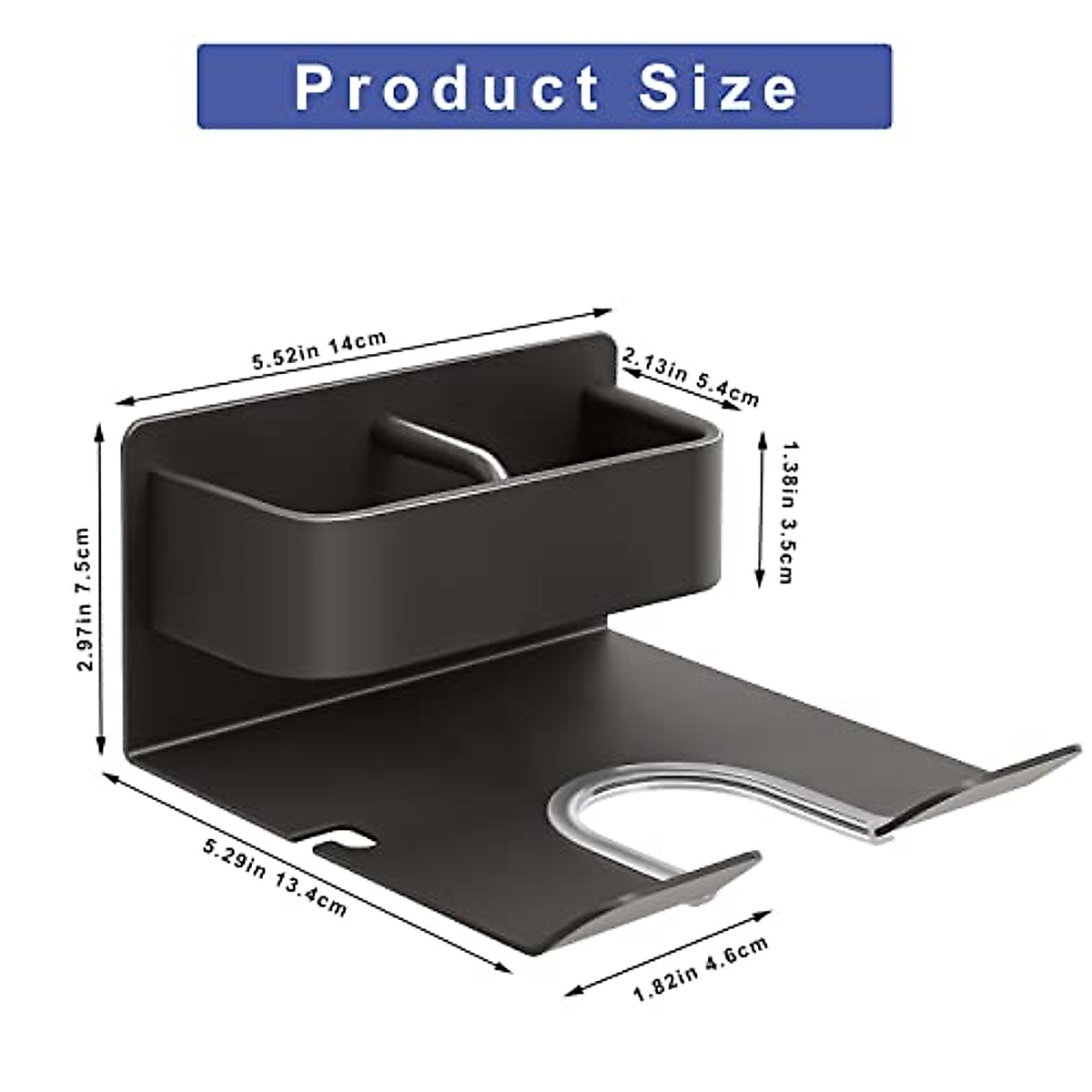 DAZUINIAO Hair Dryer Holder Wall Mounted Self Adhesive Blow Dryer Holder Rack with Plug Hook Aluminum Alloy Bathroom Hair Tool Organizer Compatible with Most Hair Dryers Gray