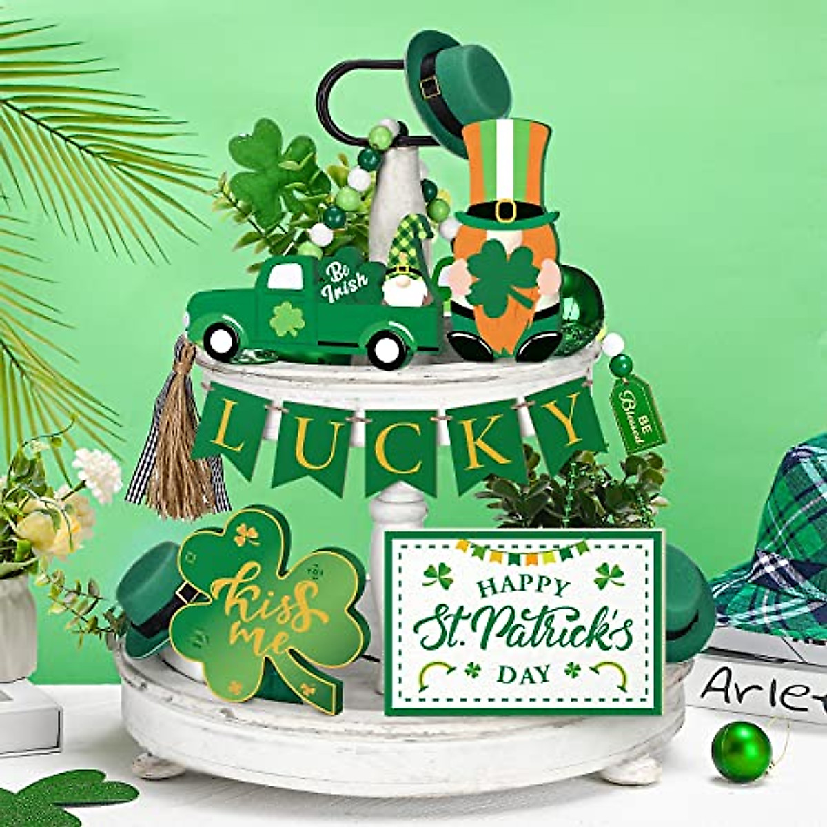 14 Pieces St. Patrick's Day Tiered Tray Decor Set Irish Saint Patrick Themed Tray Decor Home Table Including Shamrock Wood Bead Garland Truck Wood Gnome Farmhouse Sign Tabletop Decorations