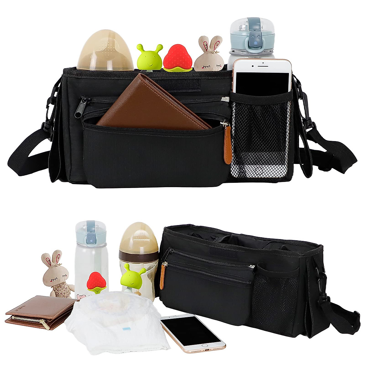 Universal Stroller Organizer with Insulated Cup Holders - Detachable Phone Bag & Adjustable Strap, Stroller Accessories for Carrying Diaper, iPhone, Toys & Snacks, Fits All Baby Stroller Models.