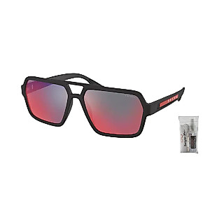Prada PS01XS DG008F 59MM Black Rubber/Dark Grey Mirror Blue/Red Rectangular Sunglasses for Men + BUNDLE With Designer iWear Eyewear Kit