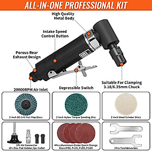BAIWEN 1/4" Right Angle Air Die Grinder - 90 Degree Heavy Duty 20,000 RPM Compressed Sander Polisher Tool for Contour Grinding, Polishing, Milling, Cutting