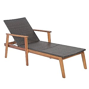 Tangkula Patio Lounge Chair, 4-Position Adjustable Recliner with Fully Flat Position, Outdoor PE Wicker Chaise Lounge with Acacia Wood Frame for Poolside, Backyard, 800 LBS Max Load (1, Mix Brown)