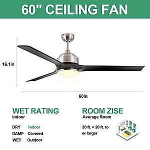 Homeybuff Ceiling Fan with Lights Remote Control, 60-Inch, Brushed Nickel(3 Blades), Dimmable LED Light