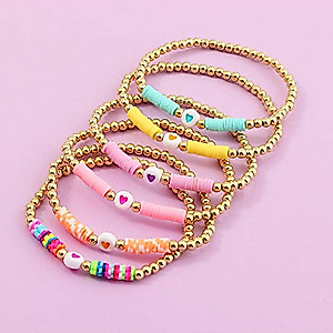 COLORFUL BLING 6Pcs/Pack Gold Beaded Bracelet Rainbow Vinyl Disc Ball Srting Stretch Heart Shaped Bracelets Cuff Bangle Set for Women Jewelry-6pcs