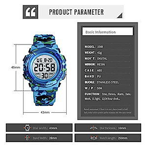 Dayllon Boys Watch Digital Sports 50M Waterproof Watches Boys Girls Children Analog Quartz Wristwatch with Alarm - Camo Blue