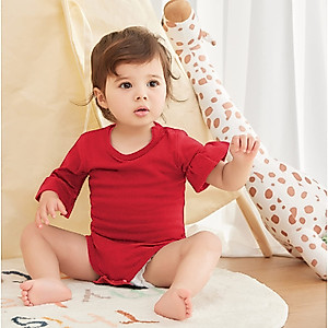 DEFAHN Baby Girl Bell Sleeve Bodysuit Red Onsies Cotton Ruffle Romper Infant Clothes Outfit 0-24 Months (Red, 0-3 Months)