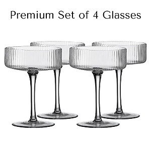 Sipp Vintage Art Deco Luxury Ribbed Martini Glasses | Set of 4 | Premium Classic Crystal Cocktail Glassware for Martini, Manhattan, Cosmopolitan, Sidecar, Daiquiri, Dessert | 10 oz | Mother's Day Gift