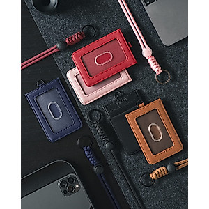 VULKIT ID Badge Holder with Lanyard for Women and Men Vertical Leather Badge Holder with Clear ID Window Card Holder Slot and Money Pocket Black