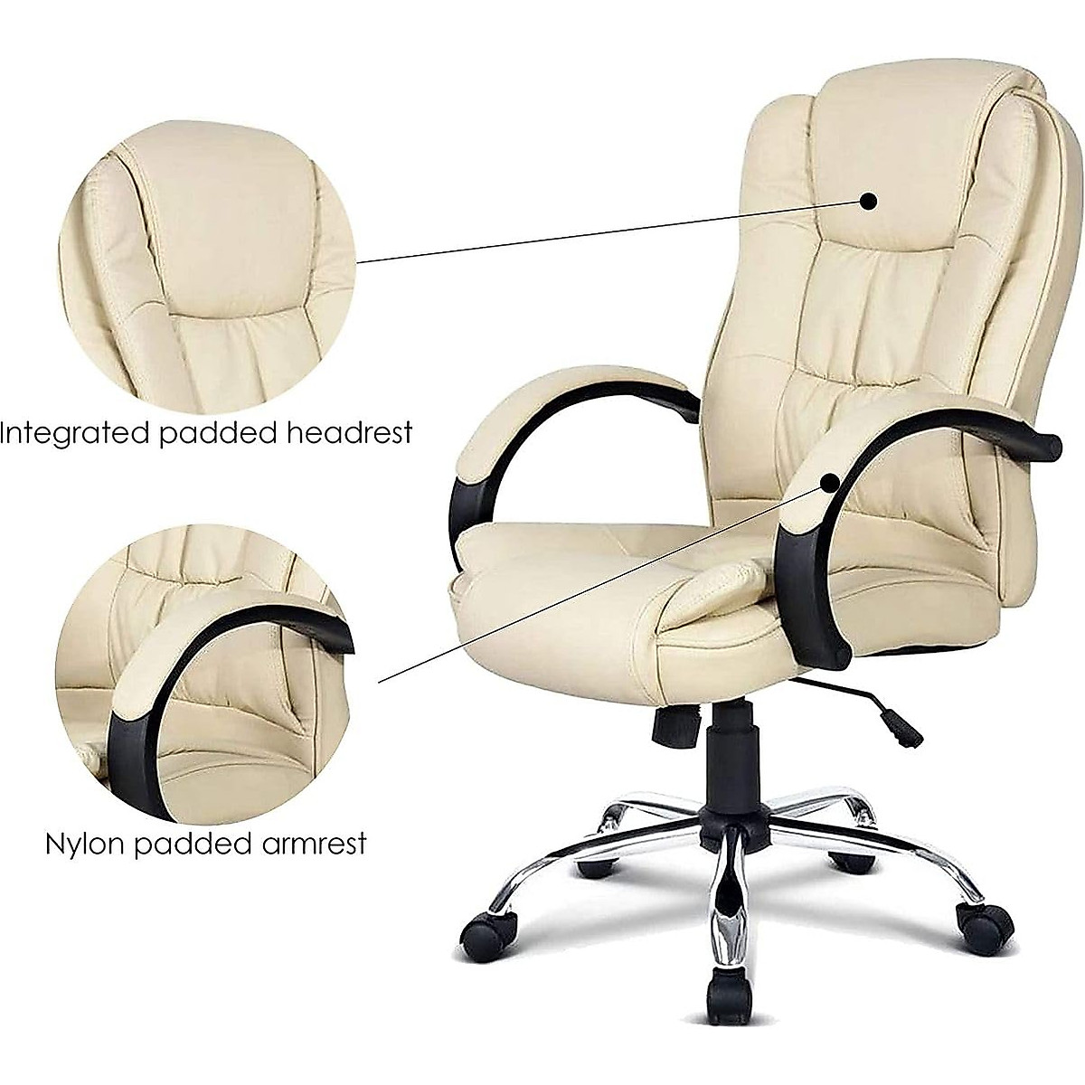 Halter Large Computer Desk Chair with Lumbar Support and Padded Arm Rests, Ergonomic Swivel Chairs, Comfortable Study Gaming Chair, Adjustable Home Office Chair, Rolling Executive Leather Chair, Beige