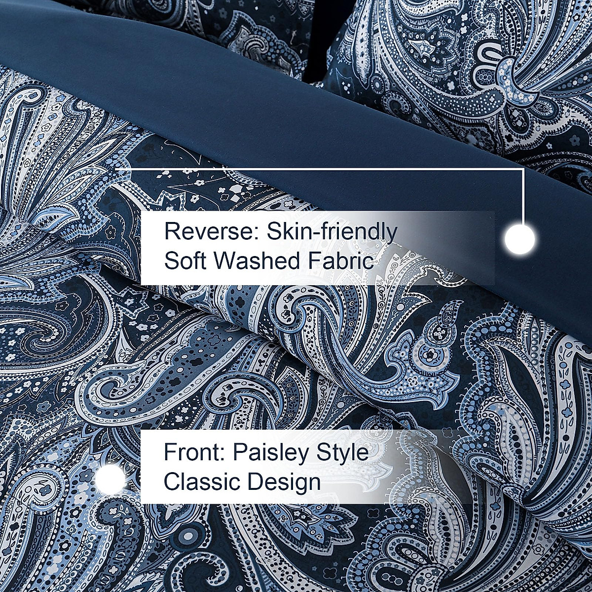 Navy Paisley Duvet Cover Set Queen Size - 3 Pieces Navy Blue Boho Paisley Pattern Printed Bedding Set, Breathable Soft Microfiber Comforter Duvet Cover with Zipper Closure & Corner Ties (90''X90'')
