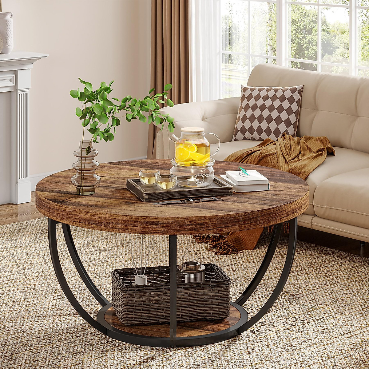 Tribesigns Round Coffee Table, 31.7" Wooden 2-Tier Circle Coffee Table with Storage Shelves, Modern Accent Cocktail Table Center Table for Living Room, Rustic Brown