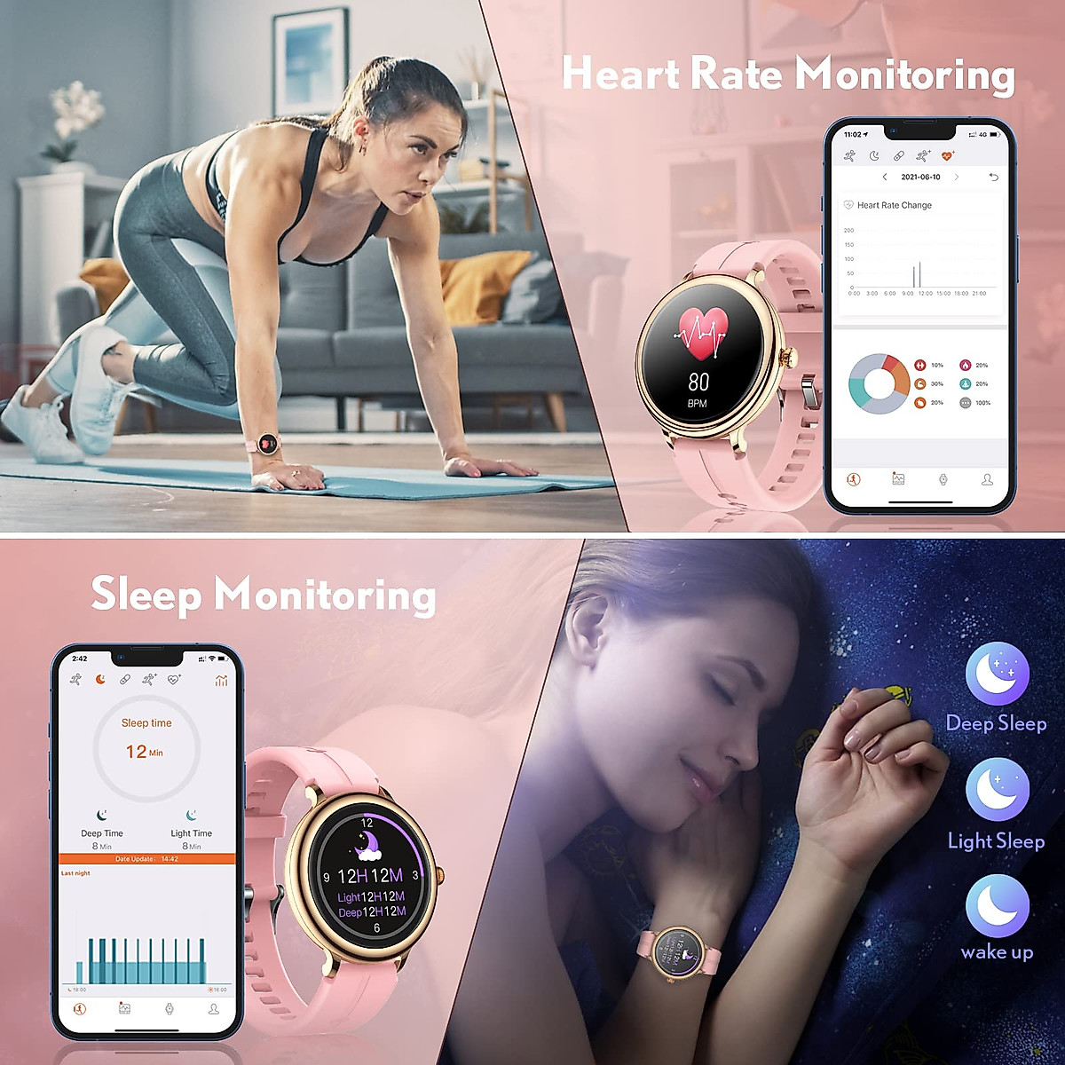 Weybon Smart Watch for Women Fitness Tracker: 1.09'' Touch Screen Smartwatch for Android & iOS Phone with Waterproof IP68 gold pink