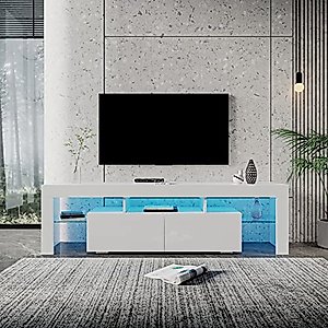 Holaki LED TV Stand,Modern High Gloss TV Console with 20 Color LEDs/Remote Control Lights,Media Console Entertainment Center for Up to 80 inch TV,Wood TV Cabinet with 2 Drawers & Open Shelves (White)