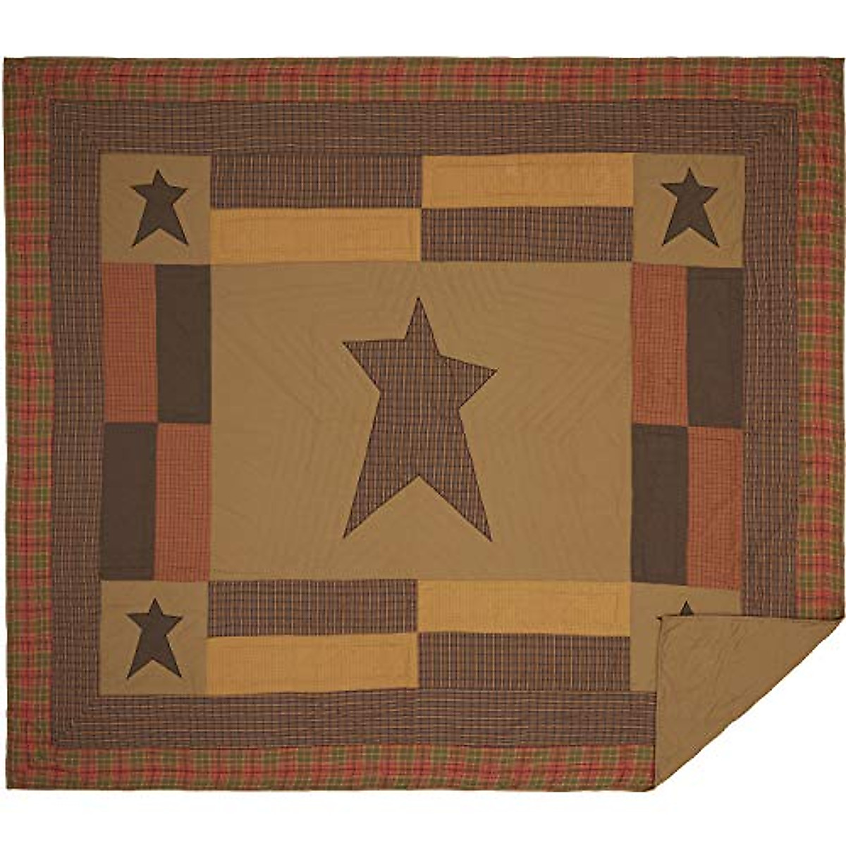 VHC Brands Stratton California King Quilt 130Wx115L Primitive Country Patchwork Design, Tan and Red-Orange