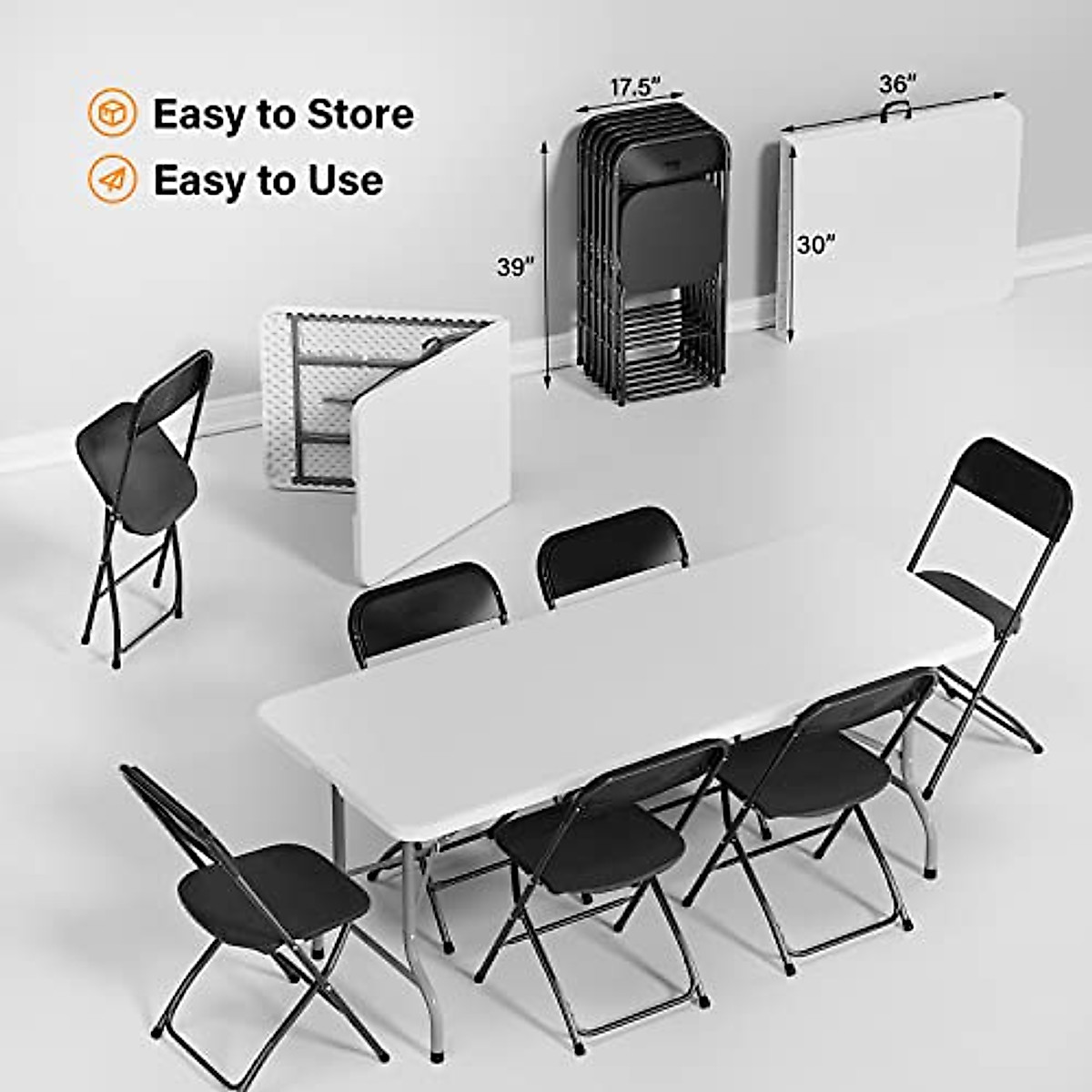 VINGLI 6 FT Plastic Folding Table Set with 8 Black Folding Chairs for Picnic, Event, Training, Outdoor Activities, at Home and Commercial Use