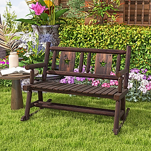 Giantex Outdoor Rocking Bench, Patio Loveseat Rocker for 2 w/Ergonomic Back & Log Arms, Carbonized Fir Wood Frame, Wooden Double Rocking Chair for Porch, Garden, 710 LB Capacity, Rustic Brown