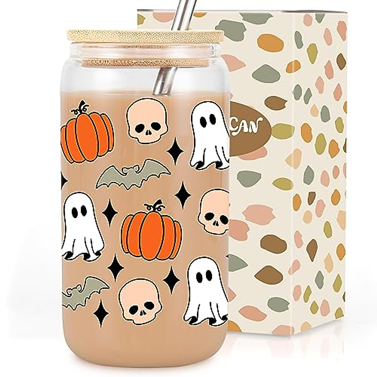 Coolife Halloween Pumpkin Ghost Skull Cups - 16 oz Pumpkins Fall Cup Mug, Can Shaped Tumbler Glass Cups w/Bamboo Lids Straws, Halloween Spooky Cups for Iced Coffee Smoothie, Goth Spooky Gifts for Her