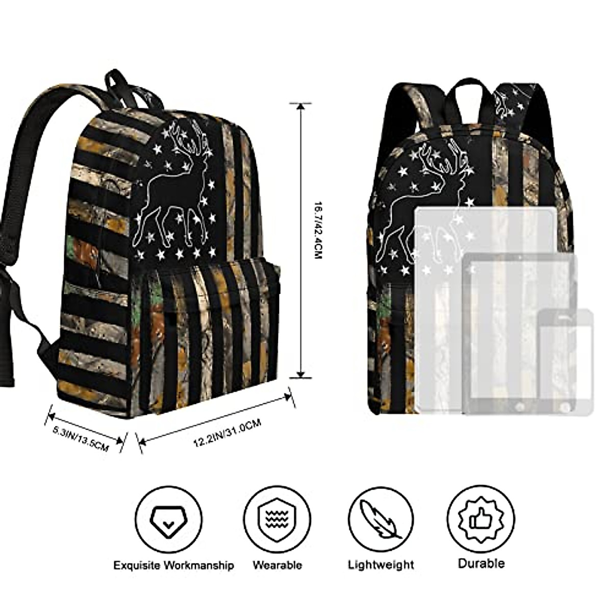 Ridzorgt Fox Backpack, Lightweight College Bookbag Durable Laptop Wear-resistant Rucksack, Casual Daypack for Office (Camo Forest Deer Flag)