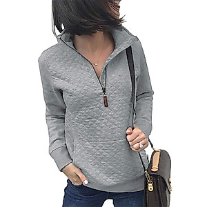 BTFBM Women Fashion Quilted Pattern Lightweight Zipper Long Sleeve Plain Casual Ladies Sweatshirts Pullovers Shirts Tops (Light Grey, Medium)