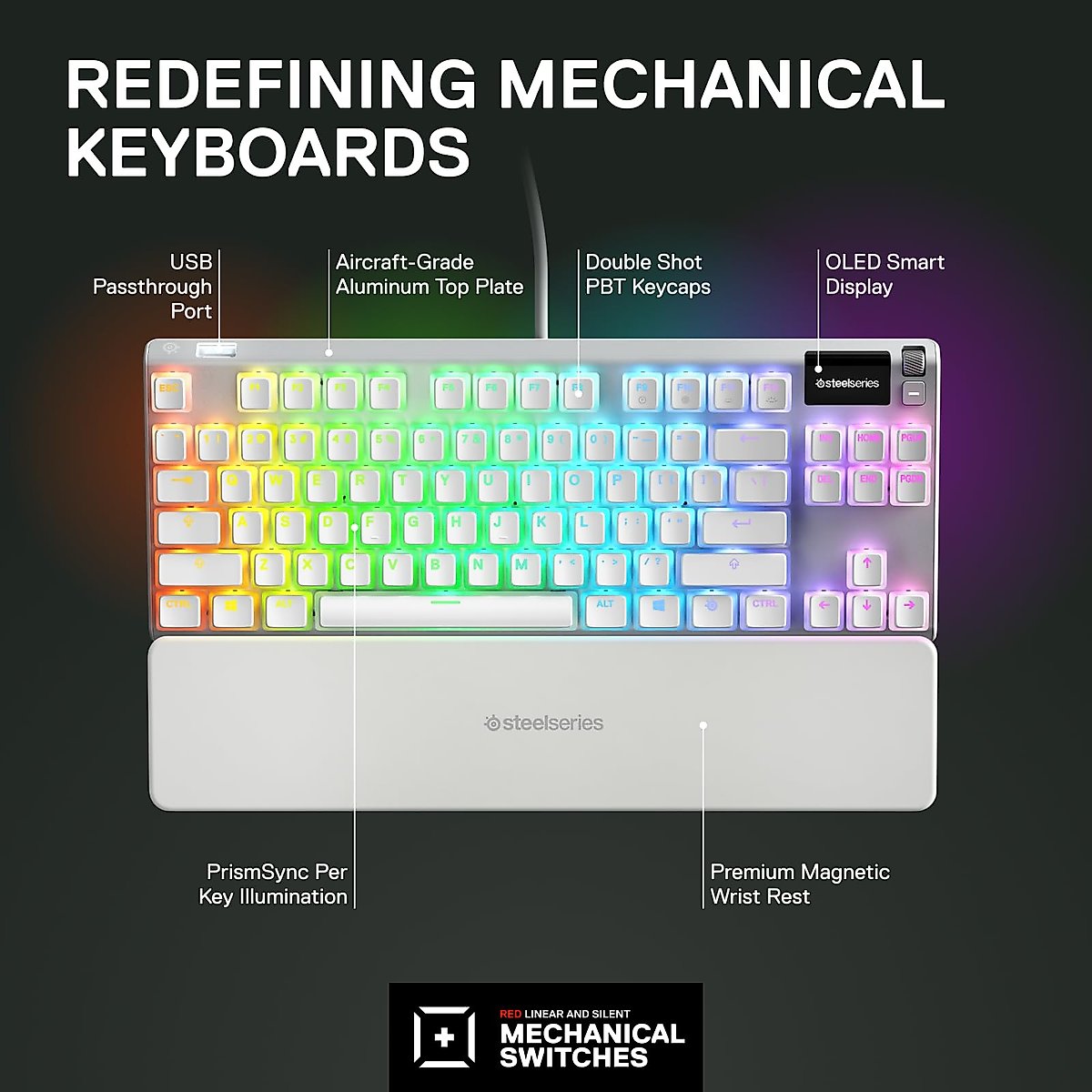 SteelSeries Apex 7 TKL Compact Mechanical Gaming Keyboard – OLED Smart Display – USB Passthrough and Media Controls – Linear and Quiet – RGB Backlit (Red Switch) - Ghost