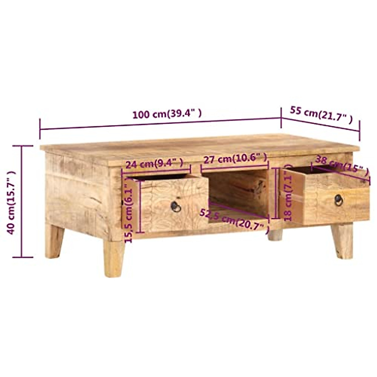 QJBSAVVA Coffee Table 39.4"x21.7"x15.7" Rough Mango Wood,Center Table Low Table Folding Table Entrance Table Suitable for Meeting Rooms, Reception Rooms, Offices