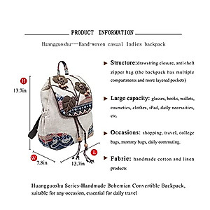 HUANGGUOSHU Backpack Purse For Women Casual Vintage Drawstring Anti-theft Back Pack Hippie Travel Boho Hand-Held Flap Hand-Embroidered Backpack, 13.7*13.7*7.08 inches