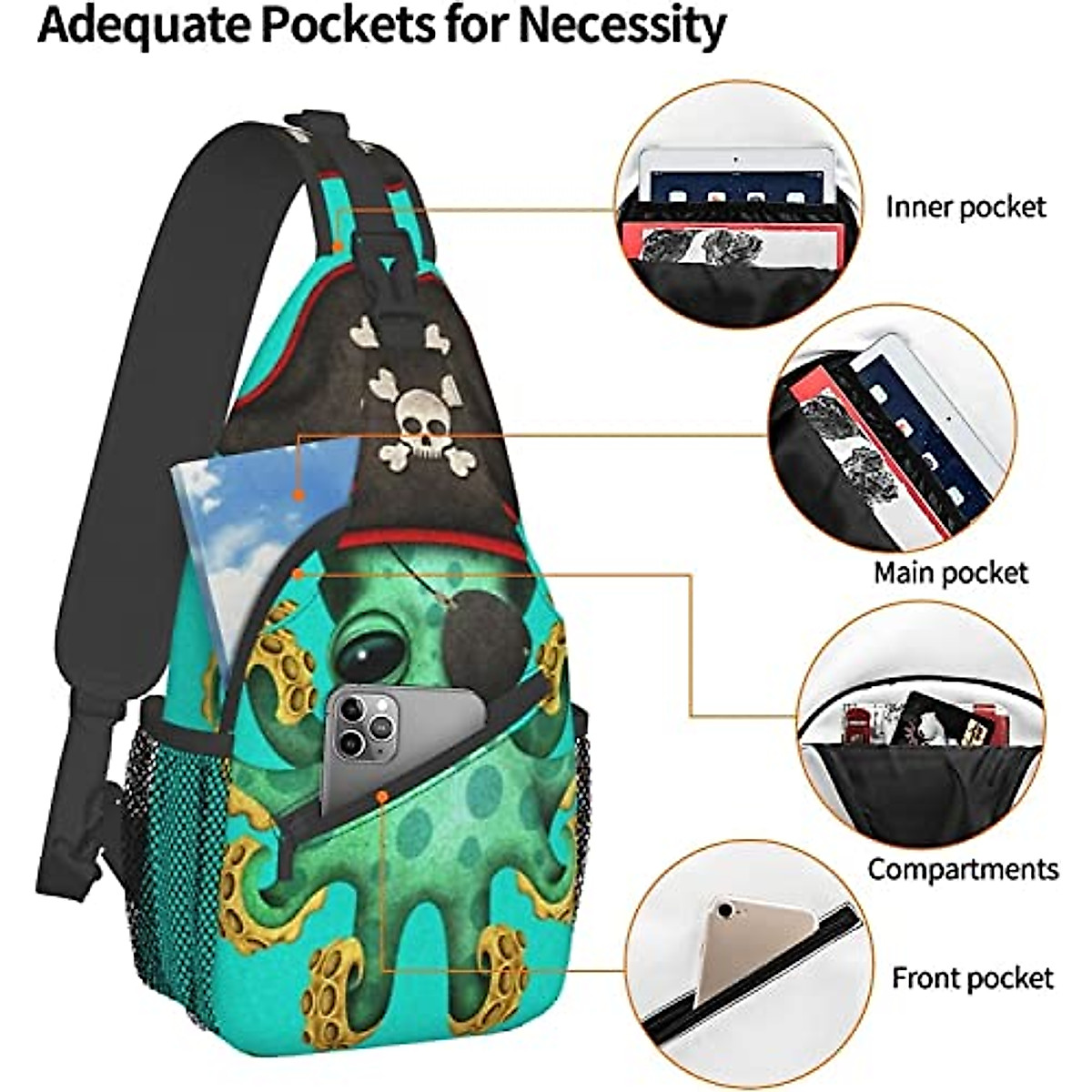Stylish Chest Sling Bag Cute Green Baby Octopus Pirate,Crossbody Shoulder Backpack Adjustable Chest Bag Lightweight Hiking Casual Daypack for Men Women Outdoor Sports Biking Climbing Shopping