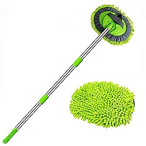 WillingHeart 47.5" Car Wash Brush Mop Cleaning Tool with Long Handle Kit for Washing Detailing Cars Truck, SUV, RV, Trailer, Boat 2 in 1 Chenille Microfiber Sponge Duster Not Hurt Paint Scratch Free
