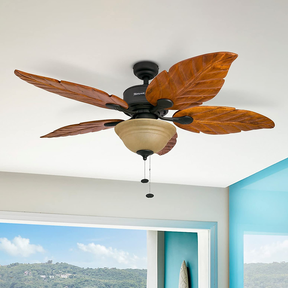 Honeywell Ceiling Fans Royal Palm, 52 Inch Tropical LED Ceiling Fan with Light, Pull Chain, Three Mounting Options, Hand Carved Solid Wood Blades - 50204-01 (Bronze)