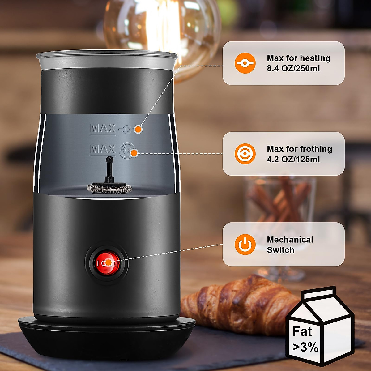 WIVIZL Electric Milk Frother, 4-in-1 Milk Frother and Steamer for Frothing and Heating Milk, 8.4oz/250ml Automatic Hot and Cold Foam Maker and Milk Warmer for Latte, Hot Chocolate, Black