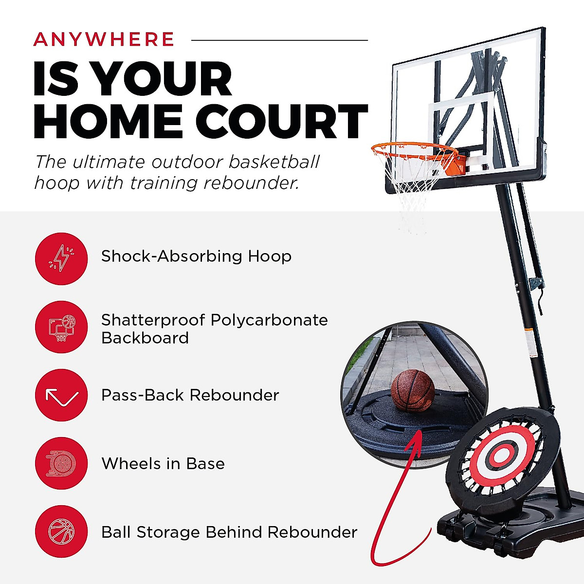 IE Sports Portable Basketball Hoop, 7.5-10 Ft Adjustable Height, 44" Backboard & Rebounder