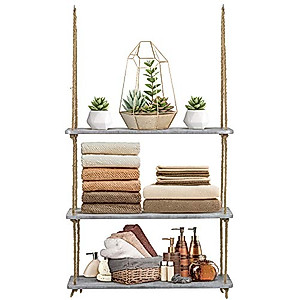 Sorbus Wood Hanging Shelf 3-Tier Rustic Wood Swing Storage Shelves Jute Rope Organizer Rack, Floating Display Shelves (Grey)