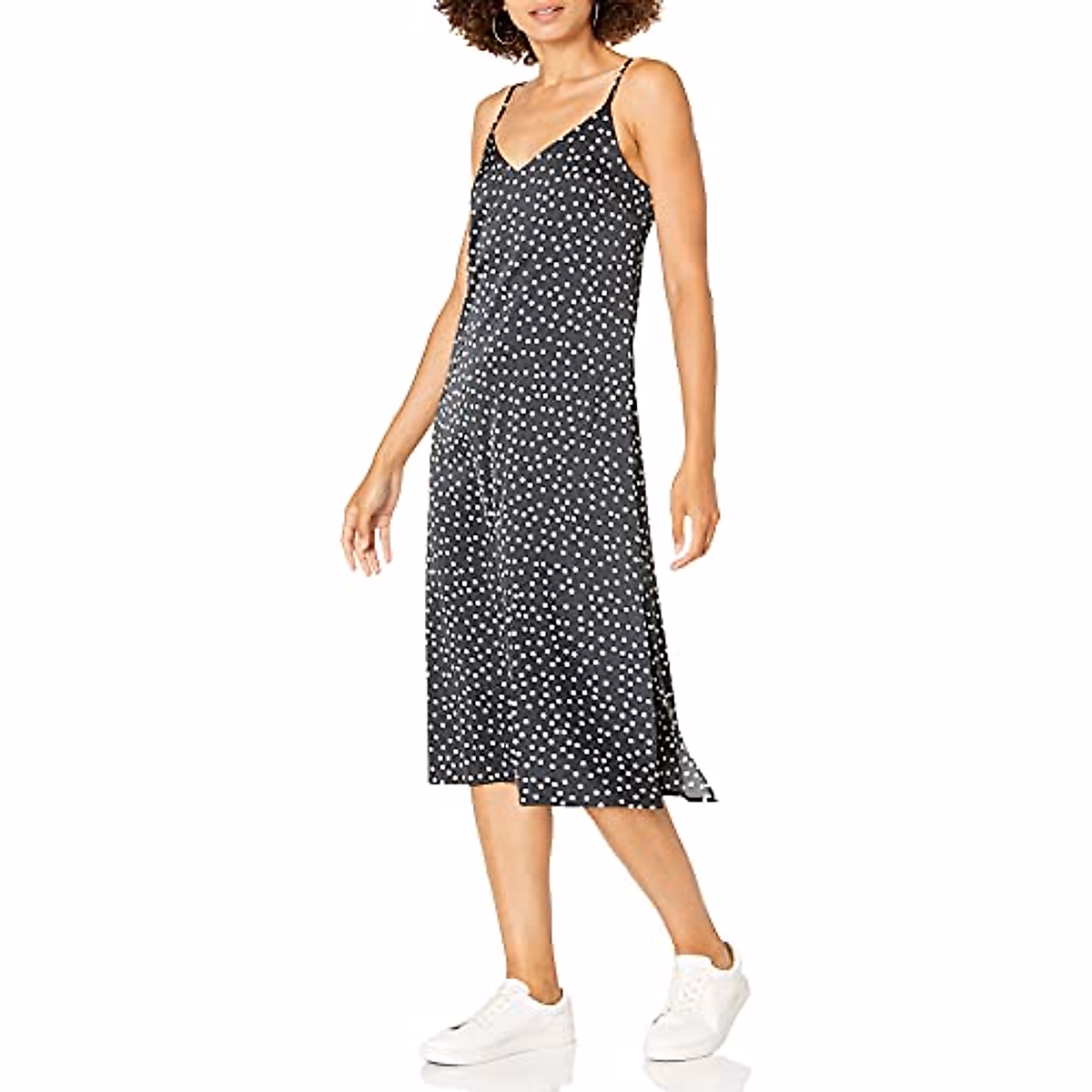 The Drop Women's Ana Silky V-Neck Midi Slip Dress, Black/White Polka Dot, L