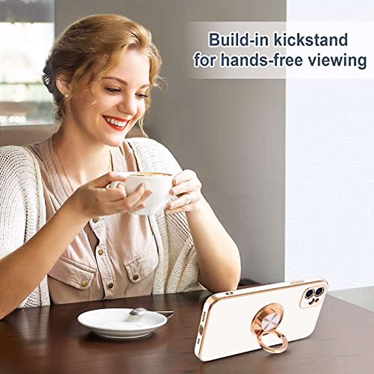 Hython Case for iPhone 12 Case with Ring Stand [360° Rotatable Ring Holder Magnetic Kickstand] [Soft Microfiber Lining] Plating Rose Gold Edge Shockproof Protective Phone Cases Cover for Women, White