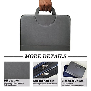 A4 Leather Portfolio Padfolio Refillable 4-Ring Binder with Zipper,Professional Business Document Organizer for Man Women with Magnetic Carrying Handle (Grey)