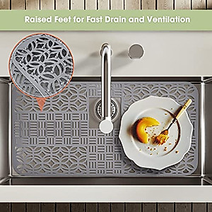DETEIN Silicone Sink Protector for Kitchen Sink 26"x14" Cuttable Drain Hole Kitchen Sink Protector Mat Non-Slip Heat-Resistant Farmhouse Sink Protector Sink Mat Grid for Ceramic Sink, Porcelain Sink