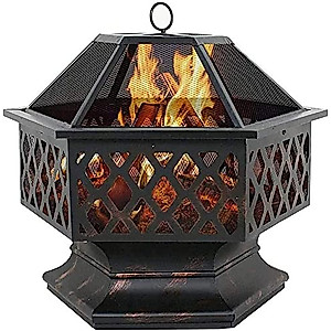 LEAYAN Garden Fire Pit Grill Bowl Grill Barbecue Rack Outdoor Fire Pits Portable Metal Fire Pit Hexagon Design Fireplace Stove with Mesh Screen Cover Fireplace Stove Wood Burning