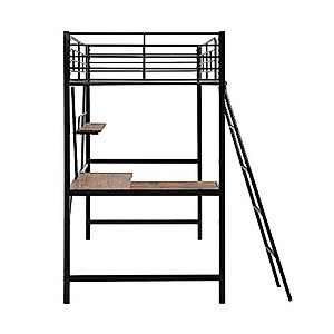 MOEO Twin Size Loft Bed with L-Shaped Desk and Shelf, Metal Steel Bedfram w/Guardrail for Kids, Home, No Spring Box Required, Black