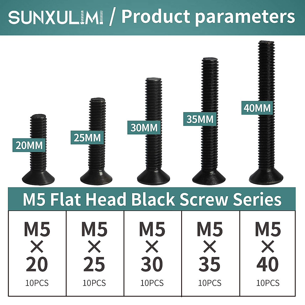 M5 x 20mm 25mm 30mm 35mm 40mm Flat Head Socket Cap Screws Countersunk Bolts, 10.9 Grade Alloy Steel, Black Oxide Finish, Fully Threaded, Metric Allen Hex Drive, Assortment Kit 50PCS